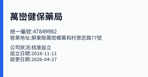 萬巒健保藥局的照片-統編 47849982(屏東縣) 公司登記資料與營業項目詳細圖表