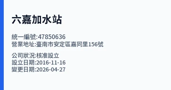 六嘉加水站的照片-統編 47850636(臺南市) 公司登記資料與營業項目詳細圖表