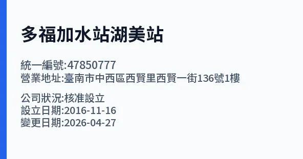 多福加水站湖美站的照片-統編 47850777(臺南市) 公司登記資料與營業項目詳細圖表