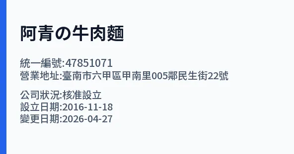 阿青の牛肉麵的照片-統編 47851071(臺南市) 公司登記資料與營業項目詳細圖表