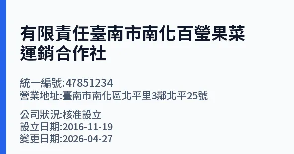 有限責任臺南市南化百瑩果菜運銷合作社的照片-統編 47851234(臺南市) 公司登記資料與營業項目詳細圖表