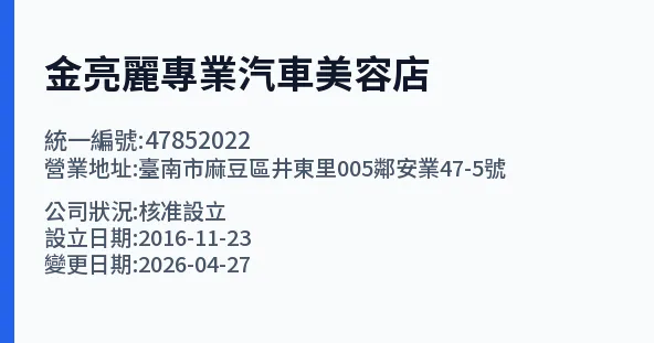 金亮麗專業汽車美容店的照片-統編 47852022(臺南市) 公司登記資料與營業項目詳細圖表