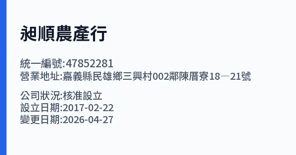 昶順農產行的照片-統編 47852281(嘉義縣) 公司登記資料與營業項目詳細圖表