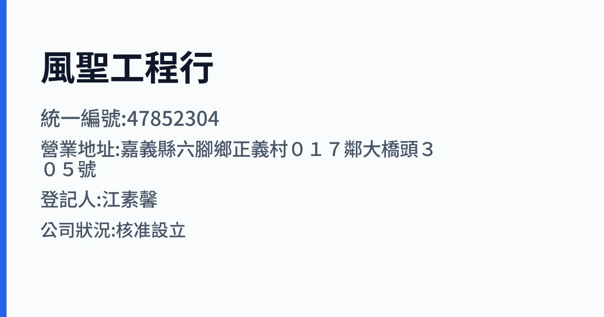 風聖工程行 - 統編 47852304(嘉義縣) 公司登記資料與營業項目詳細圖表