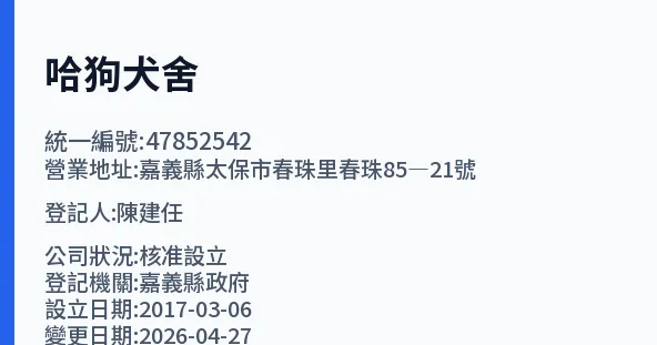 哈狗犬舍的照片-統編 47852542(嘉義縣) 公司登記資料與營業項目詳細圖表