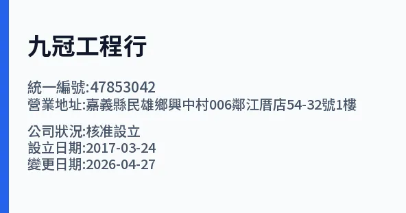 九冠工程行的照片-統編 47853042(嘉義縣) 公司登記資料與營業項目詳細圖表