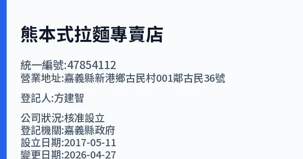 熊本式拉麵專賣店的照片-統編 47854112(嘉義縣) 公司登記資料與營業項目詳細圖表
