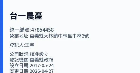 台一農產的照片-統編 47854458(嘉義縣) 公司登記資料與營業項目詳細圖表