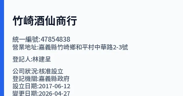 竹崎酒仙商行的照片-統編 47854838(嘉義縣) 公司登記資料與營業項目詳細圖表