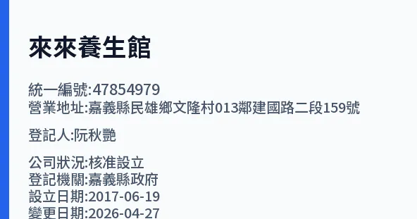 來來養生館的照片-統編 47854979(嘉義縣) 公司登記資料與營業項目詳細圖表