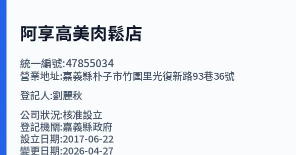 阿享高美肉鬆店的照片-統編 47855034(嘉義縣) 公司登記資料與營業項目詳細圖表