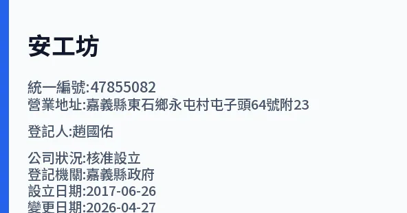安工坊的照片-統編 47855082(嘉義縣) 公司登記資料與營業項目詳細圖表