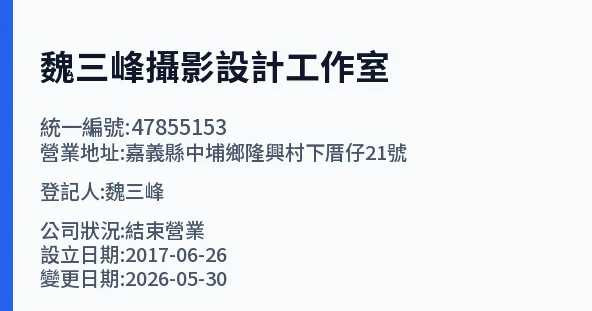 魏三峰攝影設計工作室的照片-統編 47855153(嘉義縣) 公司登記資料與營業項目詳細圖表