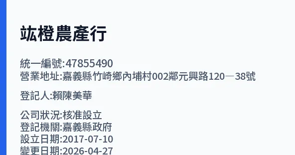 竑橙農產行的照片-統編 47855490(嘉義縣) 公司登記資料與營業項目詳細圖表