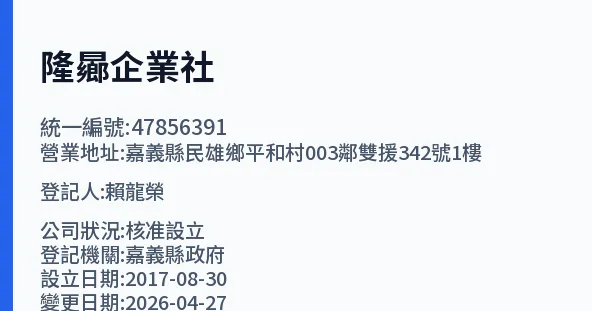 隆曏企業社的照片-統編 47856391(嘉義縣) 公司登記資料與營業項目詳細圖表
