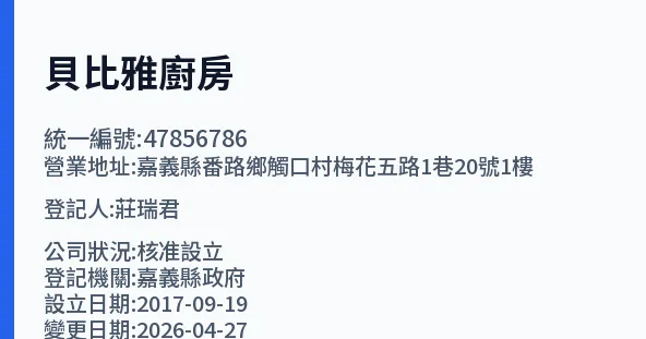 貝比雅廚房的照片-統編 47856786(嘉義縣) 公司登記資料與營業項目詳細圖表
