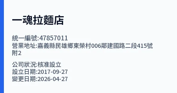 一魂拉麵店的照片-統編 47857011(嘉義縣) 公司登記資料與營業項目詳細圖表