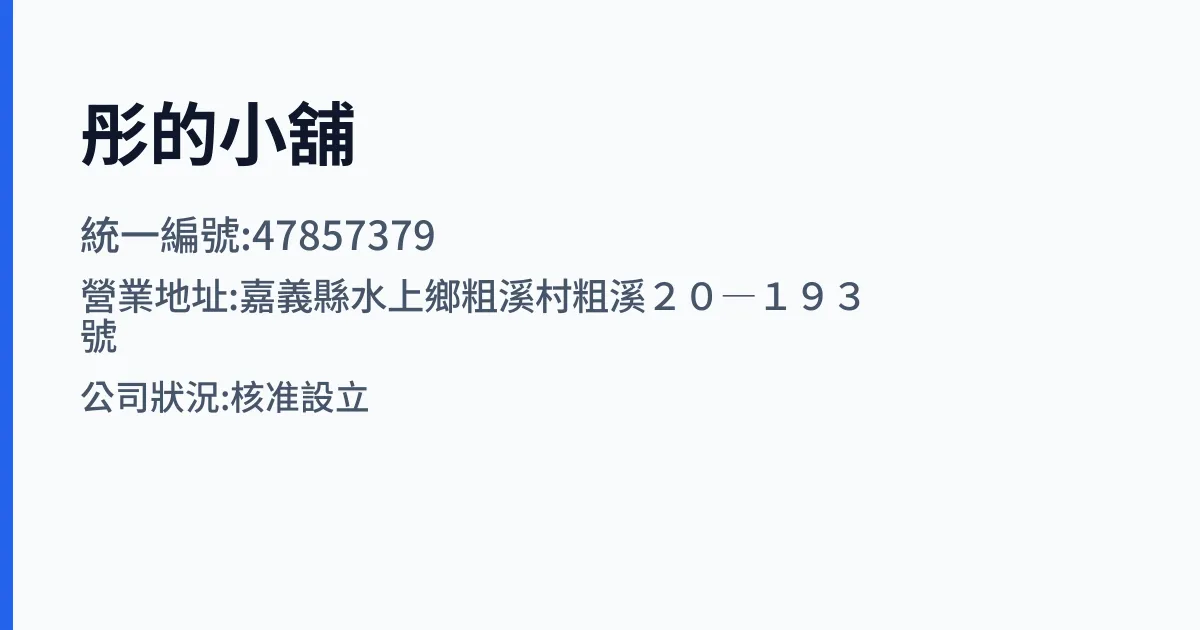彤的小舖 - 統編 47857379(嘉義縣) 公司登記資料與營業項目詳細圖表
