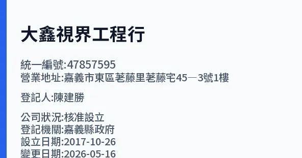 大鑫視界工程行的照片-統編 47857595(嘉義市) 公司登記資料與營業項目詳細圖表