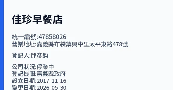 佳珍早餐店的照片-統編 47858026(嘉義縣) 公司登記資料與營業項目詳細圖表