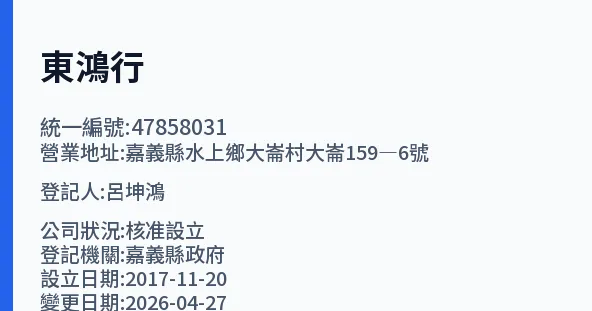 東鴻行的照片-統編 47858031(嘉義縣) 公司登記資料與營業項目詳細圖表