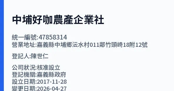 中埔好咖農產企業社的照片-統編 47858314(嘉義縣) 公司登記資料與營業項目詳細圖表