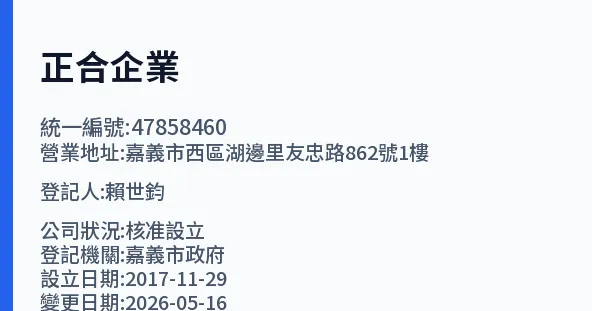 正合企業的照片-統編 47858460(嘉義市) 公司登記資料與營業項目詳細圖表