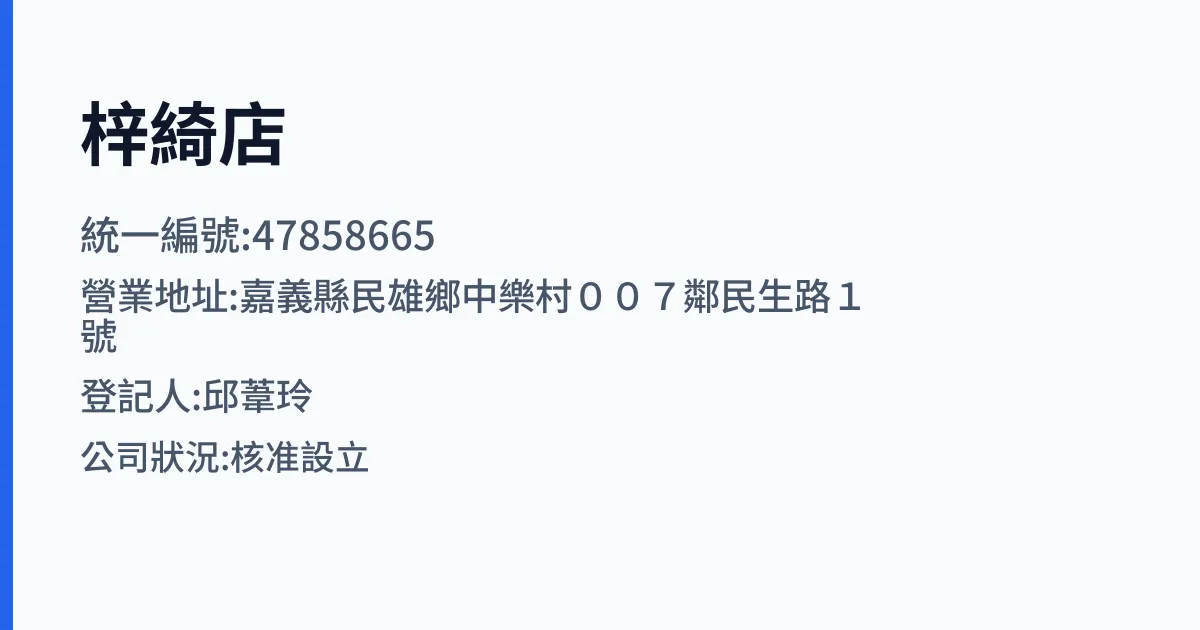 梓綺店 - 統編 47858665（嘉義縣） 公司登記資料與營業項目詳細圖表