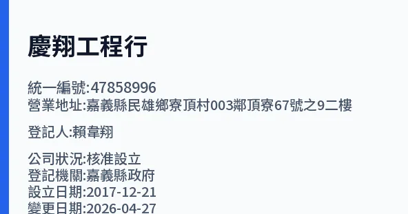 慶翔工程行的照片-統編 47858996(嘉義縣) 公司登記資料與營業項目詳細圖表