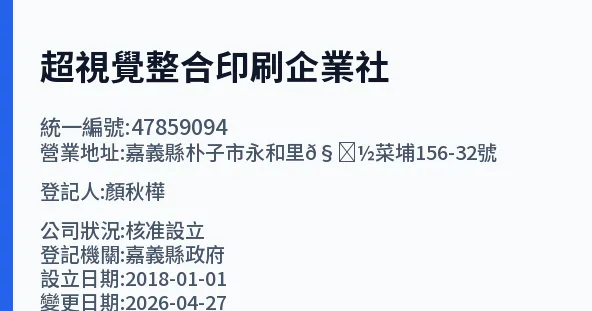 超視覺整合印刷企業社的照片-統編 47859094(嘉義縣) 公司登記資料與營業項目詳細圖表
