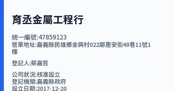 育丞金屬工程行的照片-統編 47859123(嘉義縣) 公司登記資料與營業項目詳細圖表