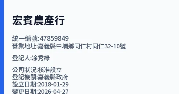 宏賓農產行的照片-統編 47859849(嘉義縣) 公司登記資料與營業項目詳細圖表