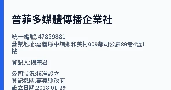 普菲多媒體傳播企業社的照片-統編 47859881(嘉義縣) 公司登記資料與營業項目詳細圖表