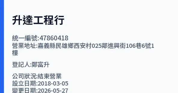 升達工程行的照片-統編 47860418(嘉義縣) 公司登記資料與營業項目詳細圖表