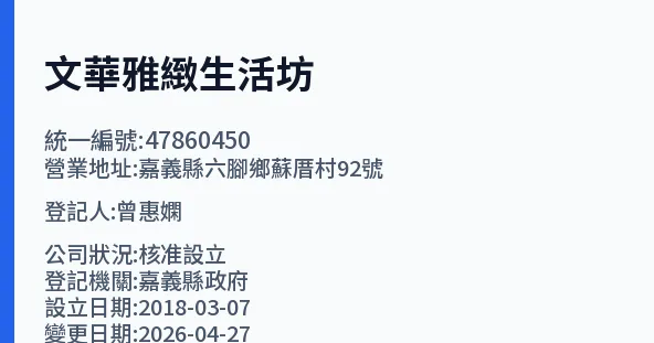 文華雅緻生活坊的照片-統編 47860450(嘉義縣) 公司登記資料與營業項目詳細圖表