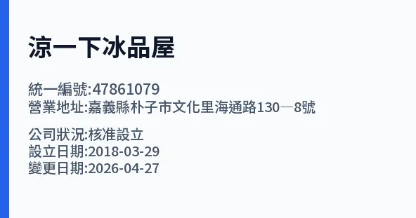 涼一下冰品屋的照片-統編 47861079(嘉義縣) 公司登記資料與營業項目詳細圖表