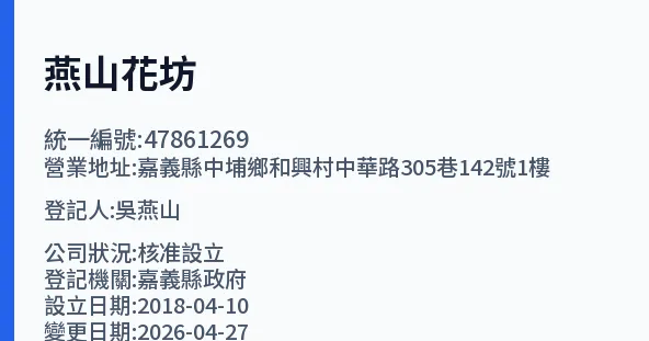 燕山花坊的照片-統編 47861269(嘉義縣) 公司登記資料與營業項目詳細圖表