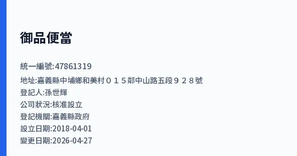 御品便當的照片-統編 47861319(嘉義縣) 公司登記資料與營業項目詳細圖表