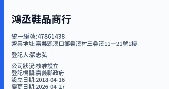 鴻丞鞋品商行的照片-統編 47861438(嘉義縣) 公司登記資料與營業項目詳細圖表