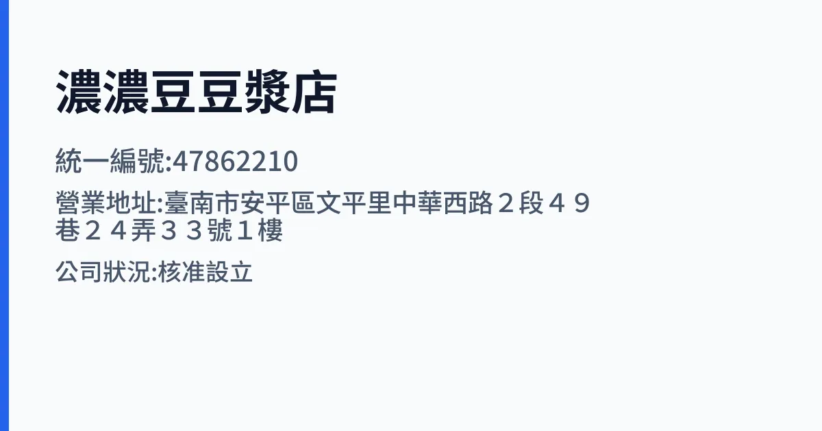 濃濃豆豆漿店 - 統編 47862210(臺南市) 公司登記資料與營業項目詳細圖表