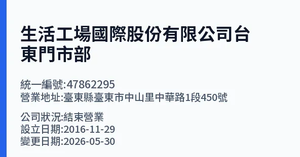 生活工場國際股份有限公司台東門市部的照片-統編 47862295(臺東縣) 公司登記資料與營業項目詳細圖表