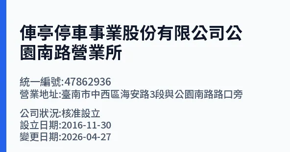 俥亭停車事業股份有限公司公園南路營業所的照片-統編 47862936(臺南市) 公司登記資料與營業項目詳細圖表