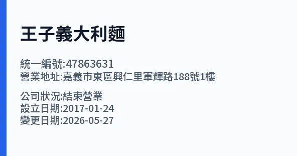 王子義大利麵的照片-統編 47863631(嘉義市) 公司登記資料與營業項目詳細圖表