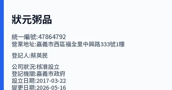狀元粥品的照片-統編 47864792(嘉義市) 公司登記資料與營業項目詳細圖表