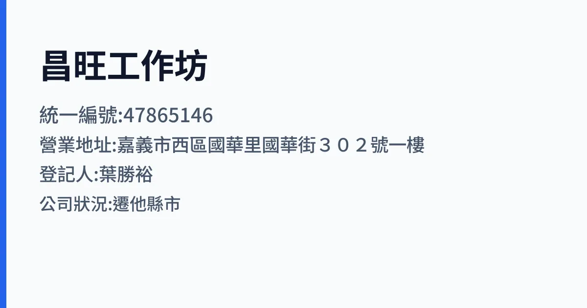 昌旺工作坊 - 統編 47865146(嘉義縣) 公司登記資料與營業項目詳細圖表