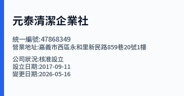 元泰清潔企業社的照片-統編 47868349(嘉義市) 公司登記資料與營業項目詳細圖表