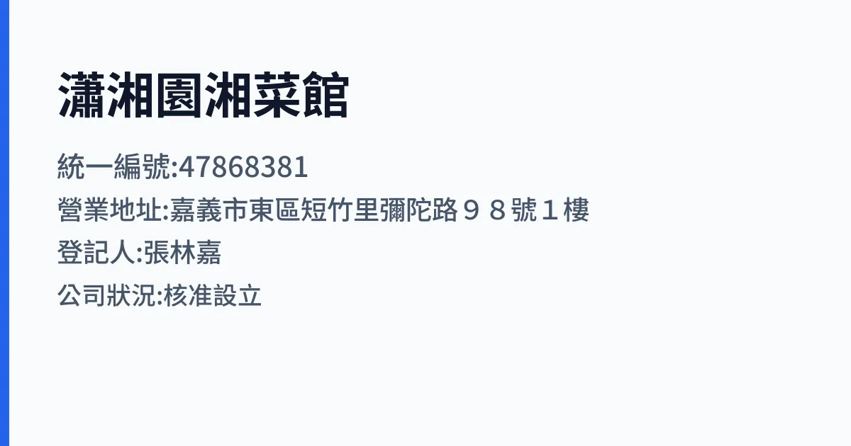瀟湘園湘菜館 - 統編 47868381(嘉義市) 公司登記資料與營業項目詳細圖表