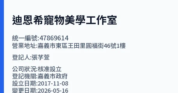 迪恩希寵物美學工作室的照片-統編 47869614(嘉義市) 公司登記資料與營業項目詳細圖表