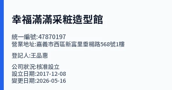幸福滿滿采粧造型館的照片-統編 47870197(嘉義市) 公司登記資料與營業項目詳細圖表