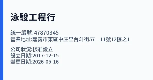 泳駿工程行的照片-統編 47870345(嘉義市) 公司登記資料與營業項目詳細圖表